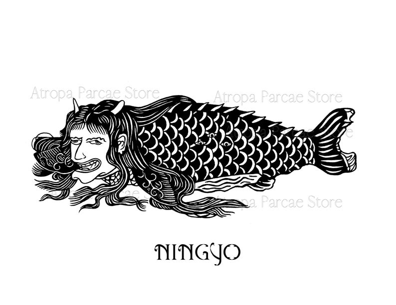 Ningyo Siren 人魚 Fish Illustration Print Sea Creature Japanese Mythology ...