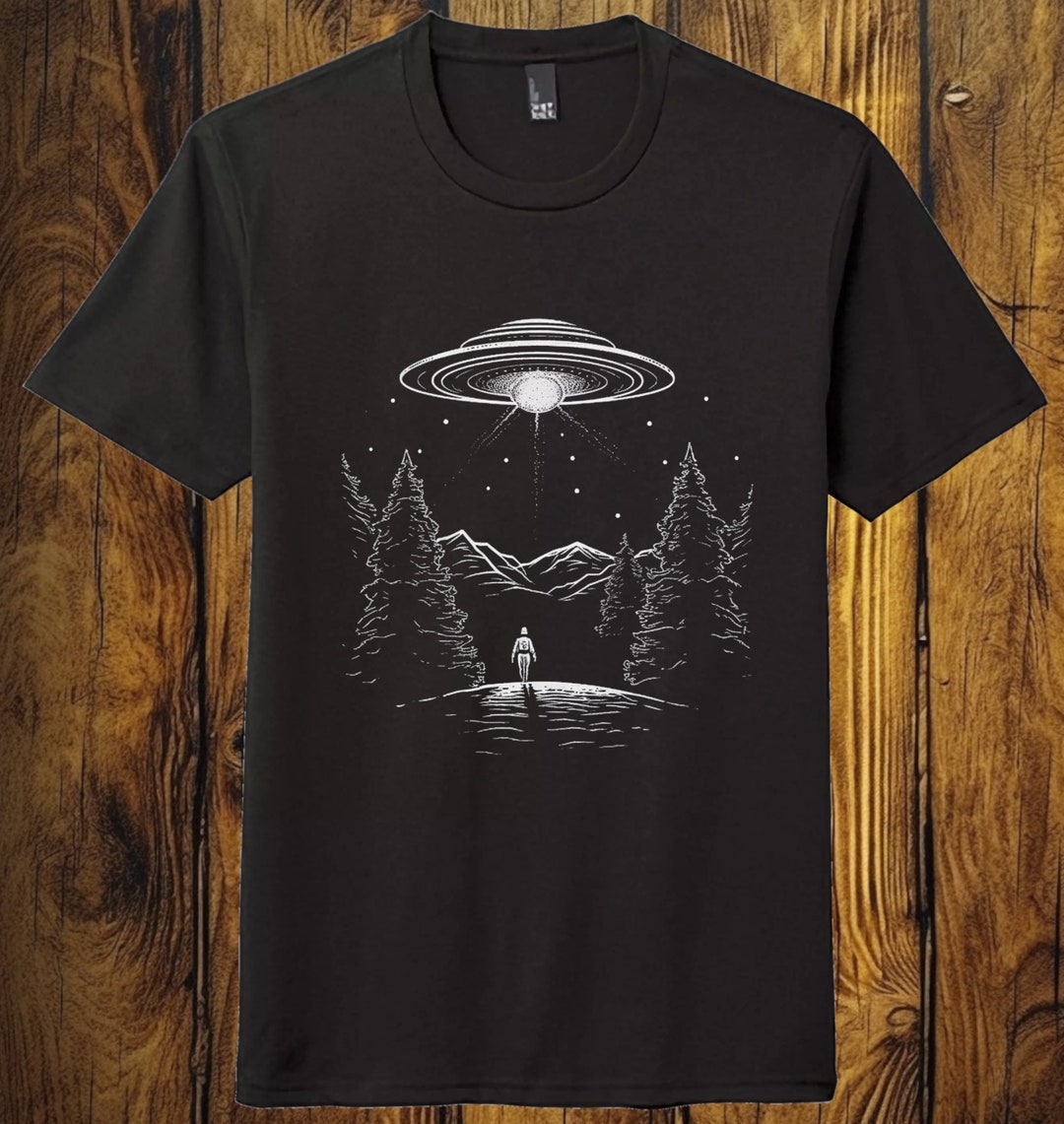 Retro UFO Minimalist Graphic Tshirt Flying Saucer in the Forest Black ...