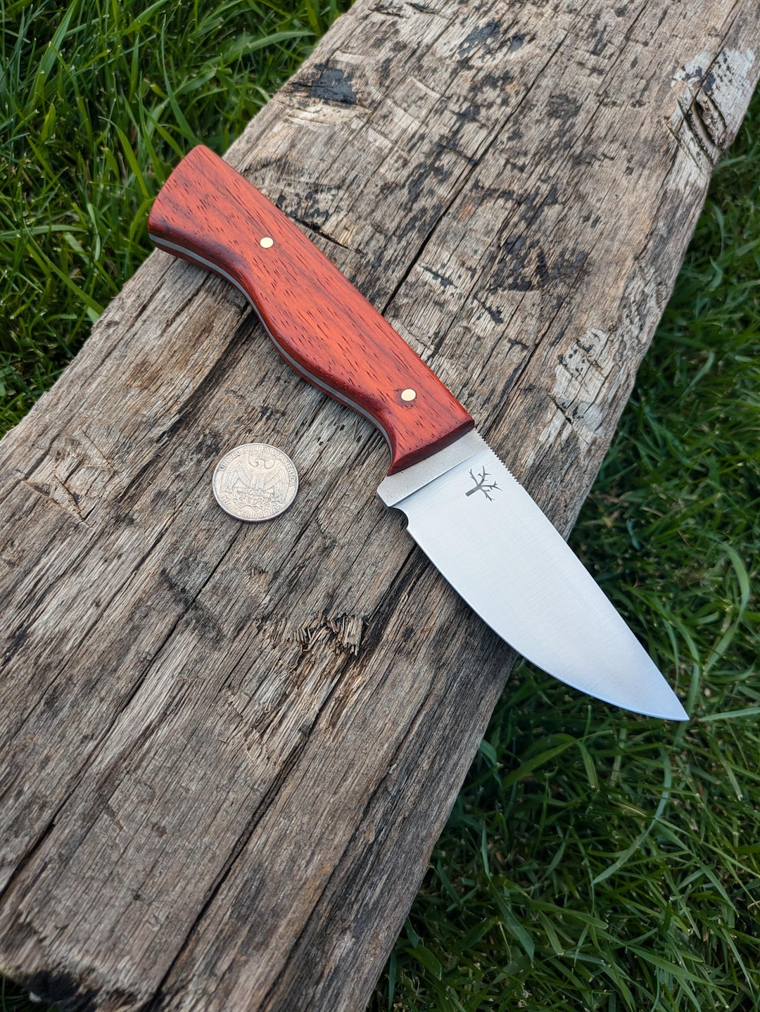 Handmade Drop Point Knife, Padauk Handle, 15N20 Steel, Leather Sheath ...