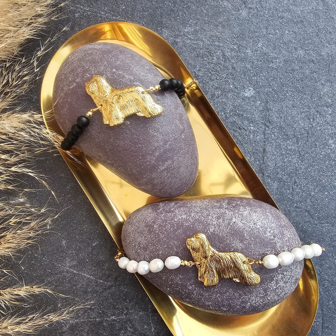 Gold Plated Bearded Collie Bracelet: Faux Pearl or Onyx Bead Charm ...