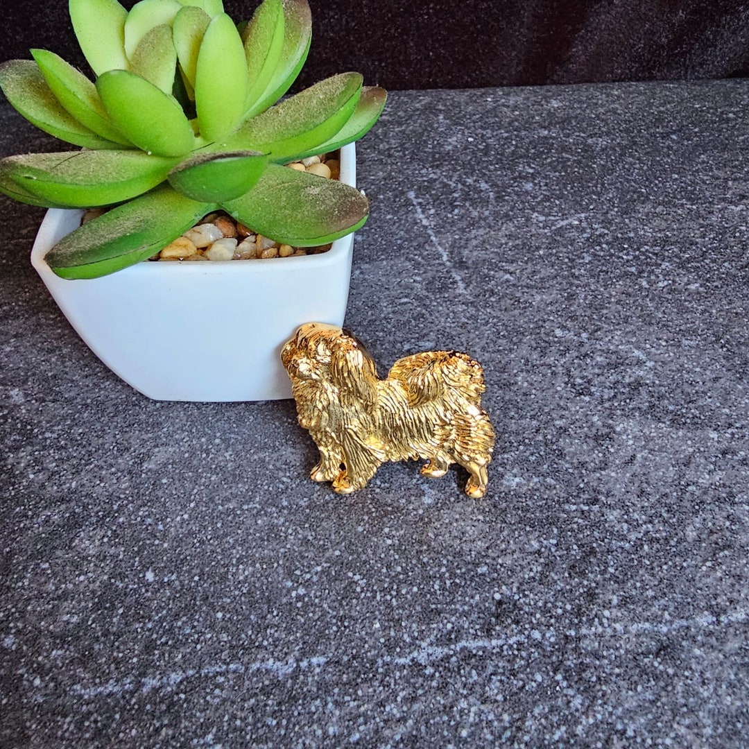 24k Yellow Gold Plated TIBETAN SPANIEL BROOCH Dog in Static and ...