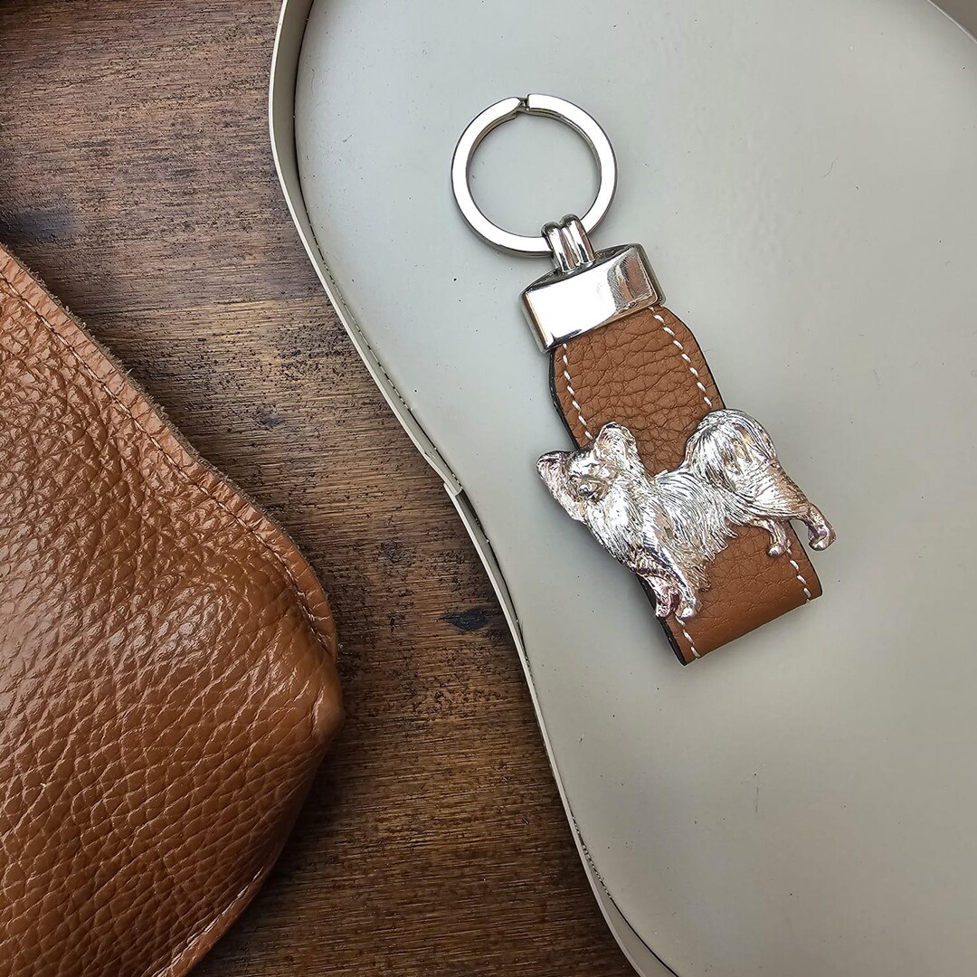 Handmade Papillon Dog Keychain: Silver-finished Pewter & Leather - Etsy