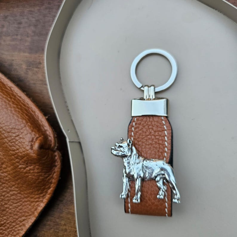 American Staffordshire Terrier Keychain: Silver Pewter & Leather Dog ...
