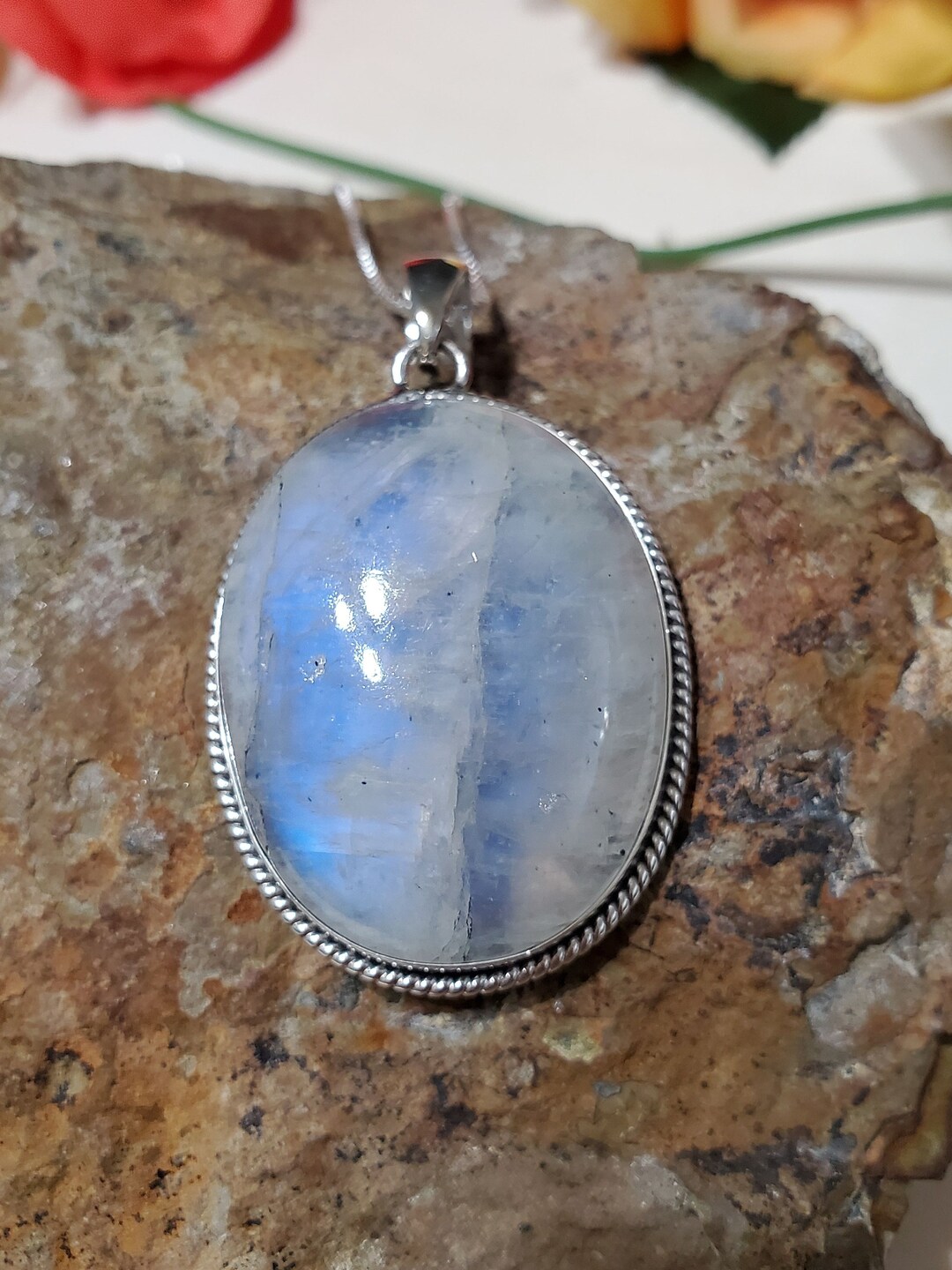 Large Rainbow Moonstone Pendant/boho Moonstone/natural Moonstone/925 ...