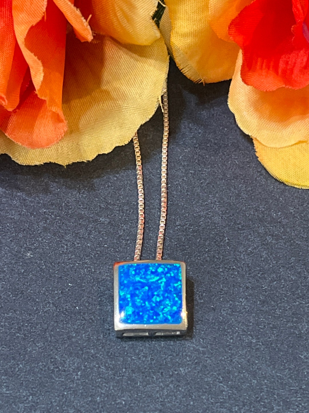 Blue Opal Square Necklace / Blue Opal Pendant / Sterling Silver Pendant ...