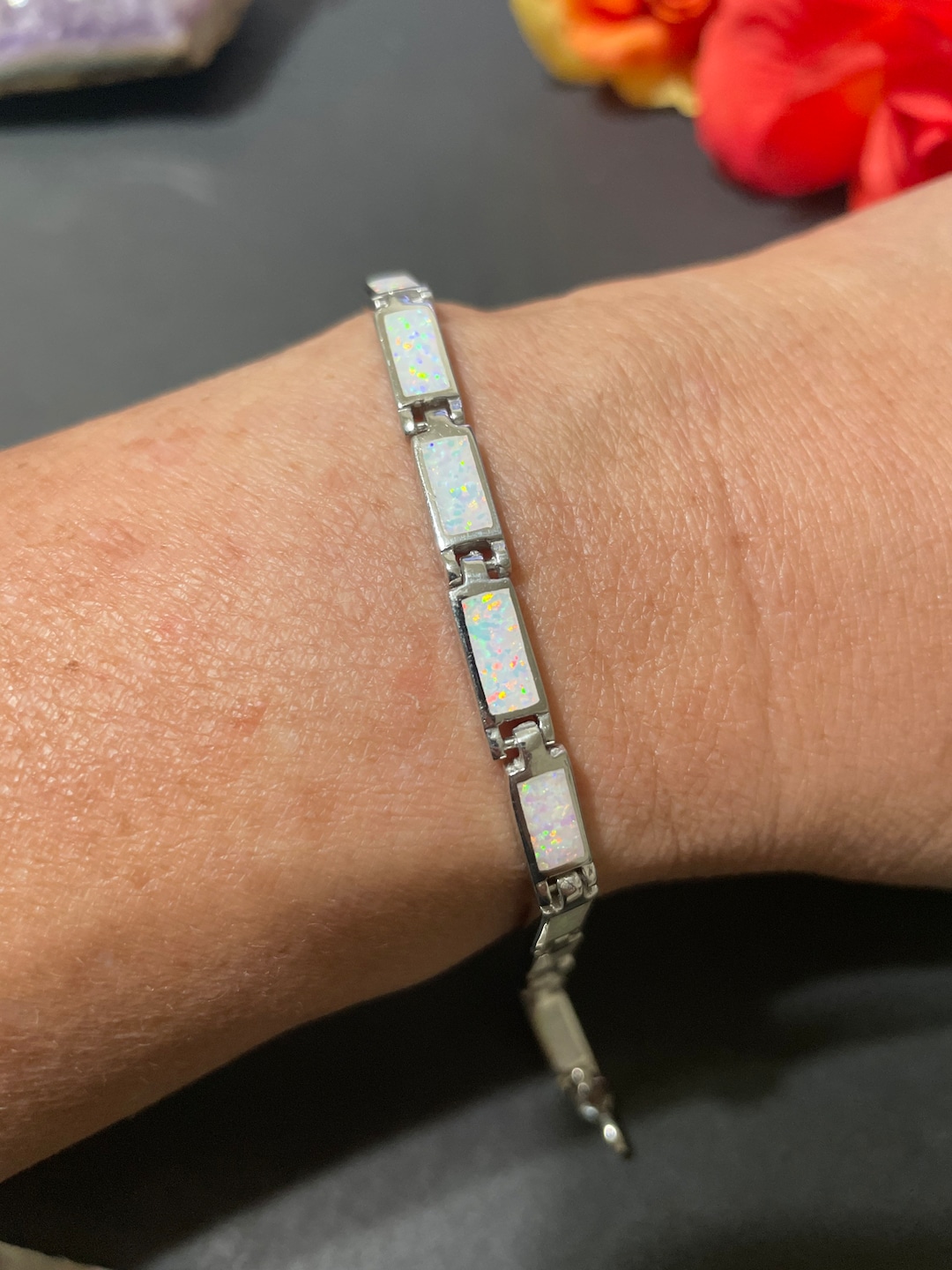 White Opal Link Bracelet/sterling Silver Bracelet/fire Opal Bracelet ...