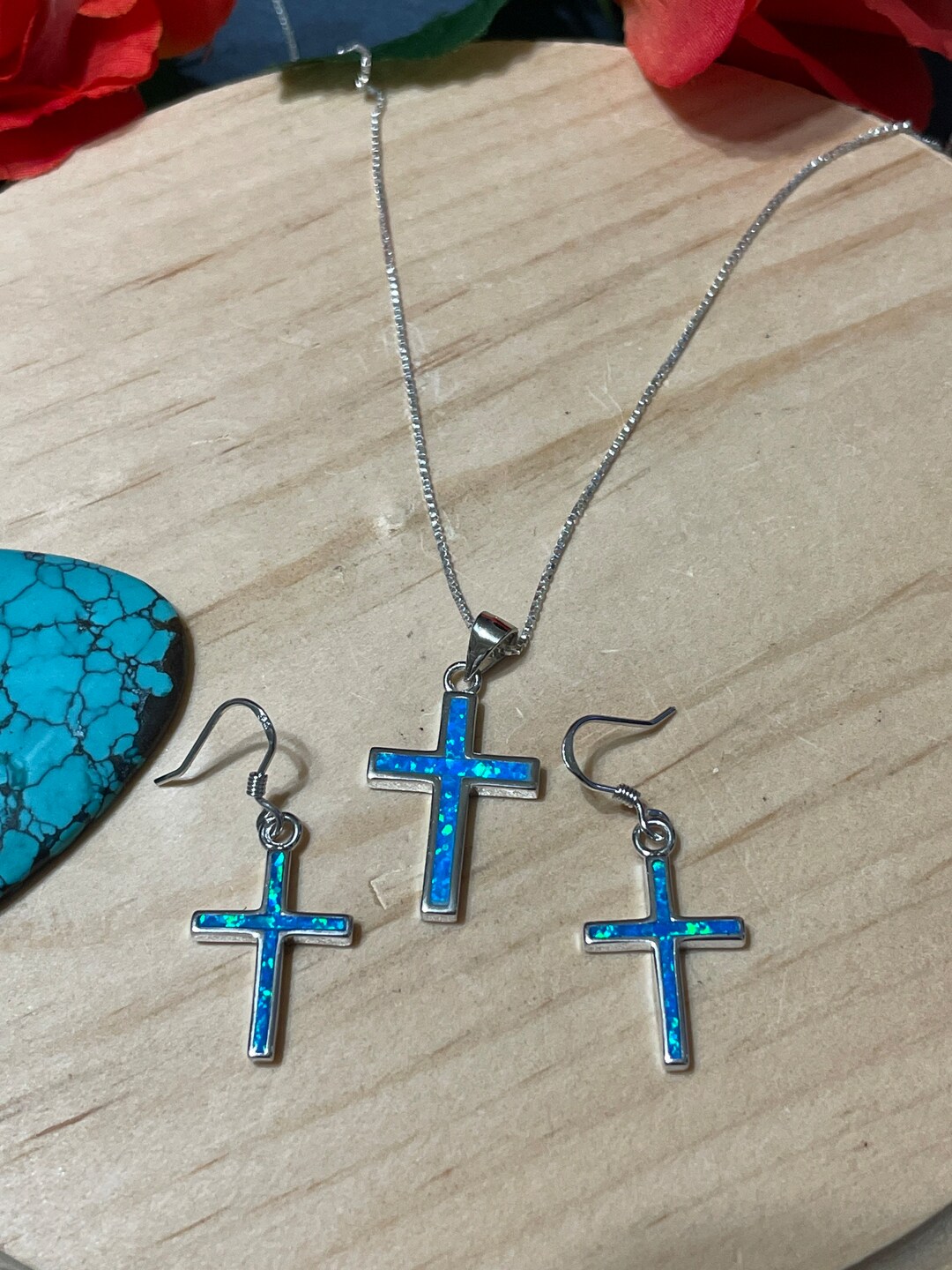 Cross Jewelry Sets/sterling Silver Cross/opal Cross/blue Opal Cross ...