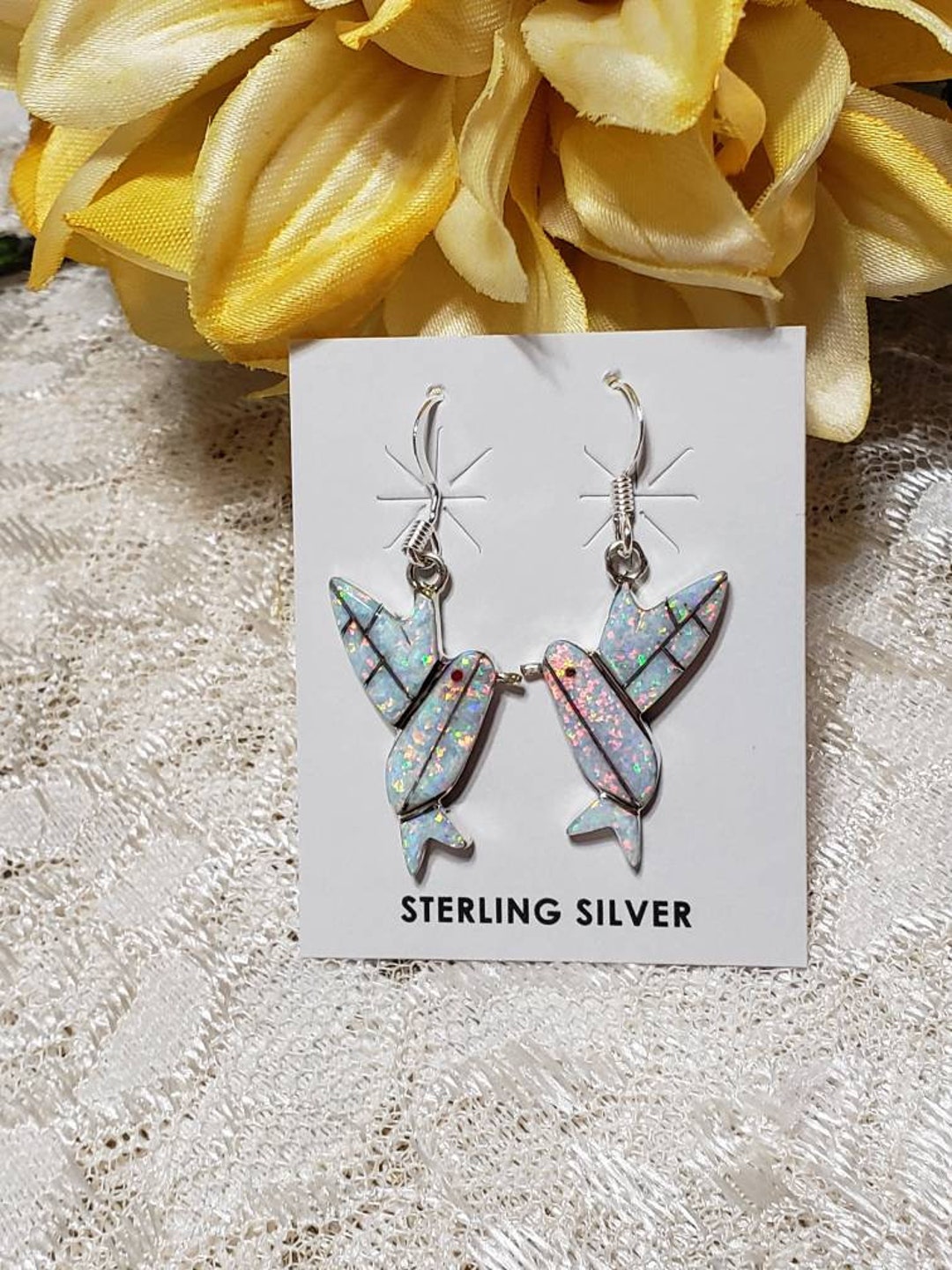 White Opal Hummingbird / Inlay / Sterling Silver / Bird Earring / Fire ...