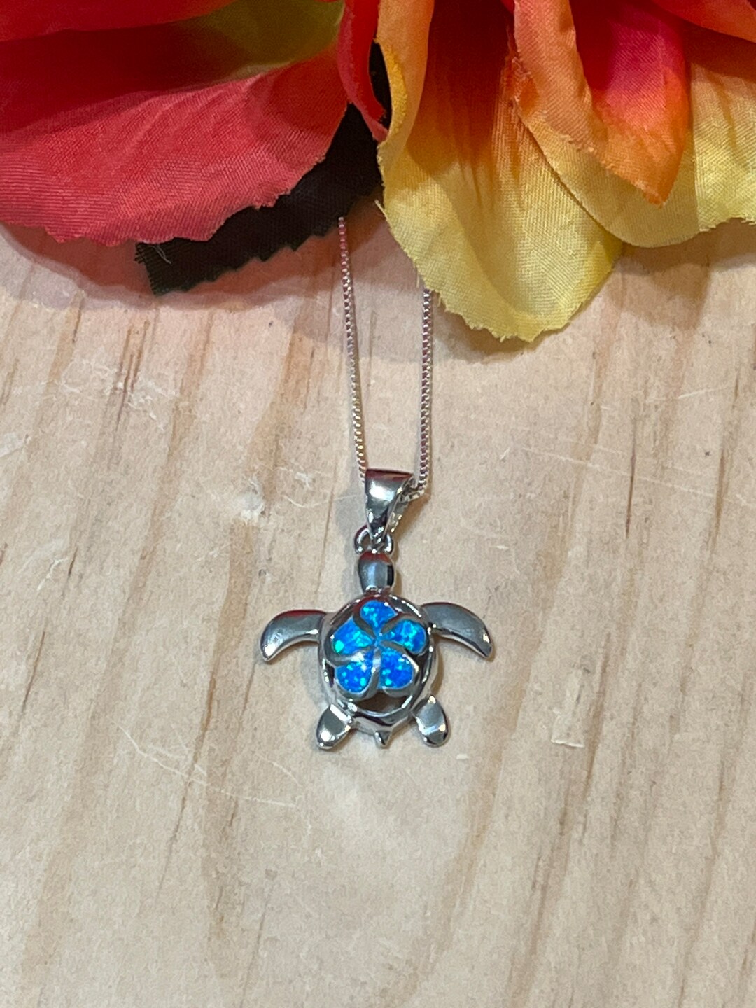 Blue Opal Flower Back Turtle Pendant Necklace / Blue Opal Turtle ...
