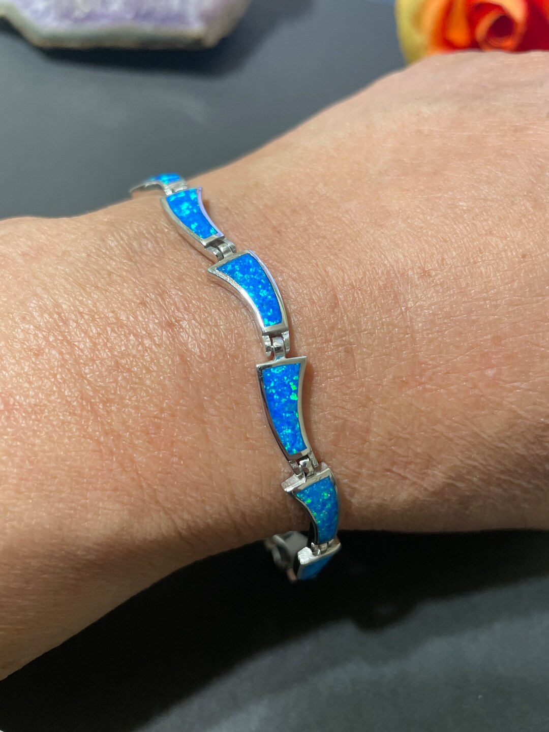 Inlay Blue Opal Link Bracelet/sterling Silver Bracelet/fire Opal ...