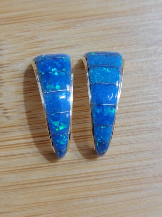 Dark Blue Opal Inlay Hoop Earrings / Half Hoops Earrings / - Etsy