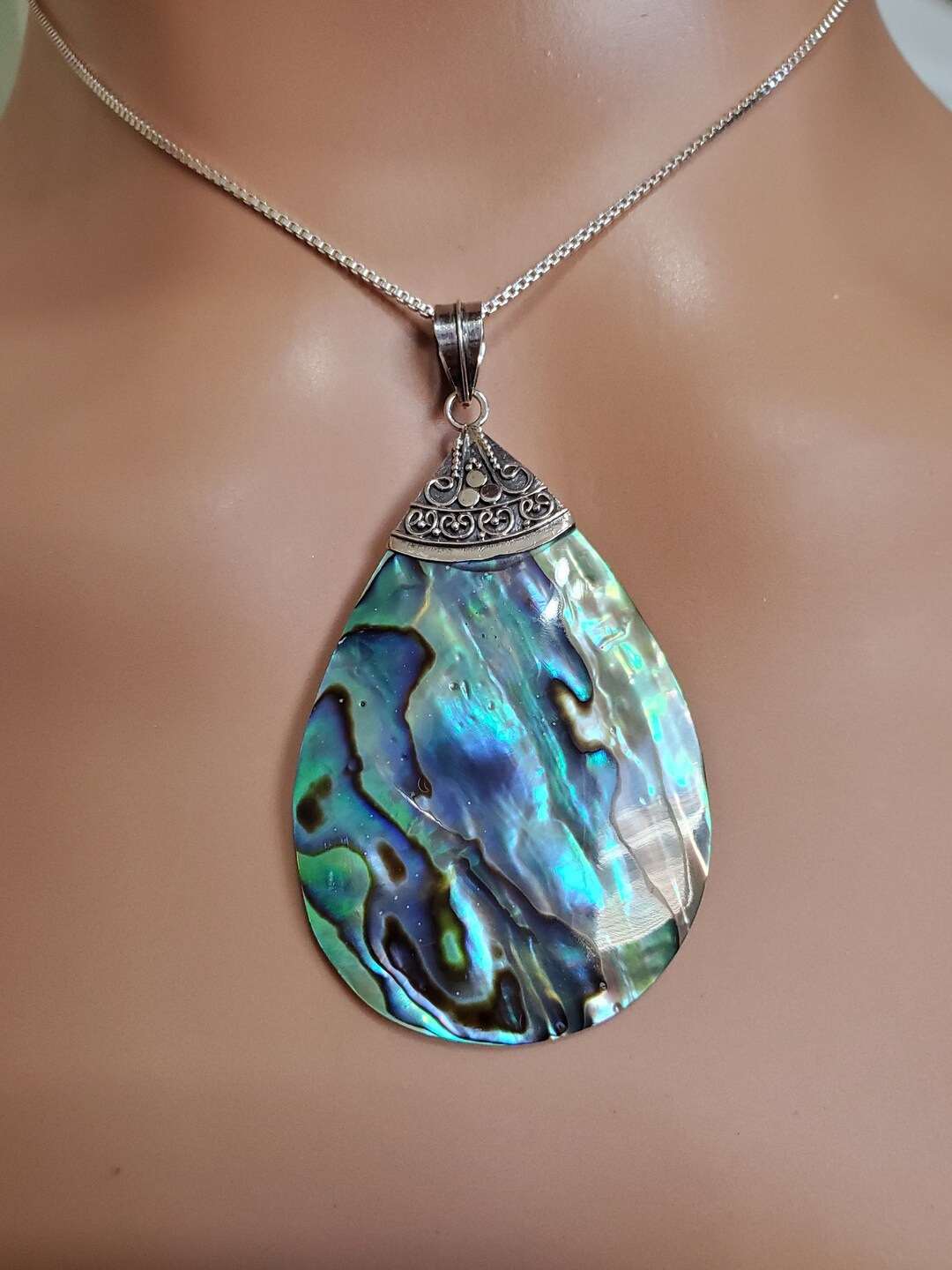 Teardrop Abalone Shell Pendant Necklace / Sterling Silver Jewelry ...