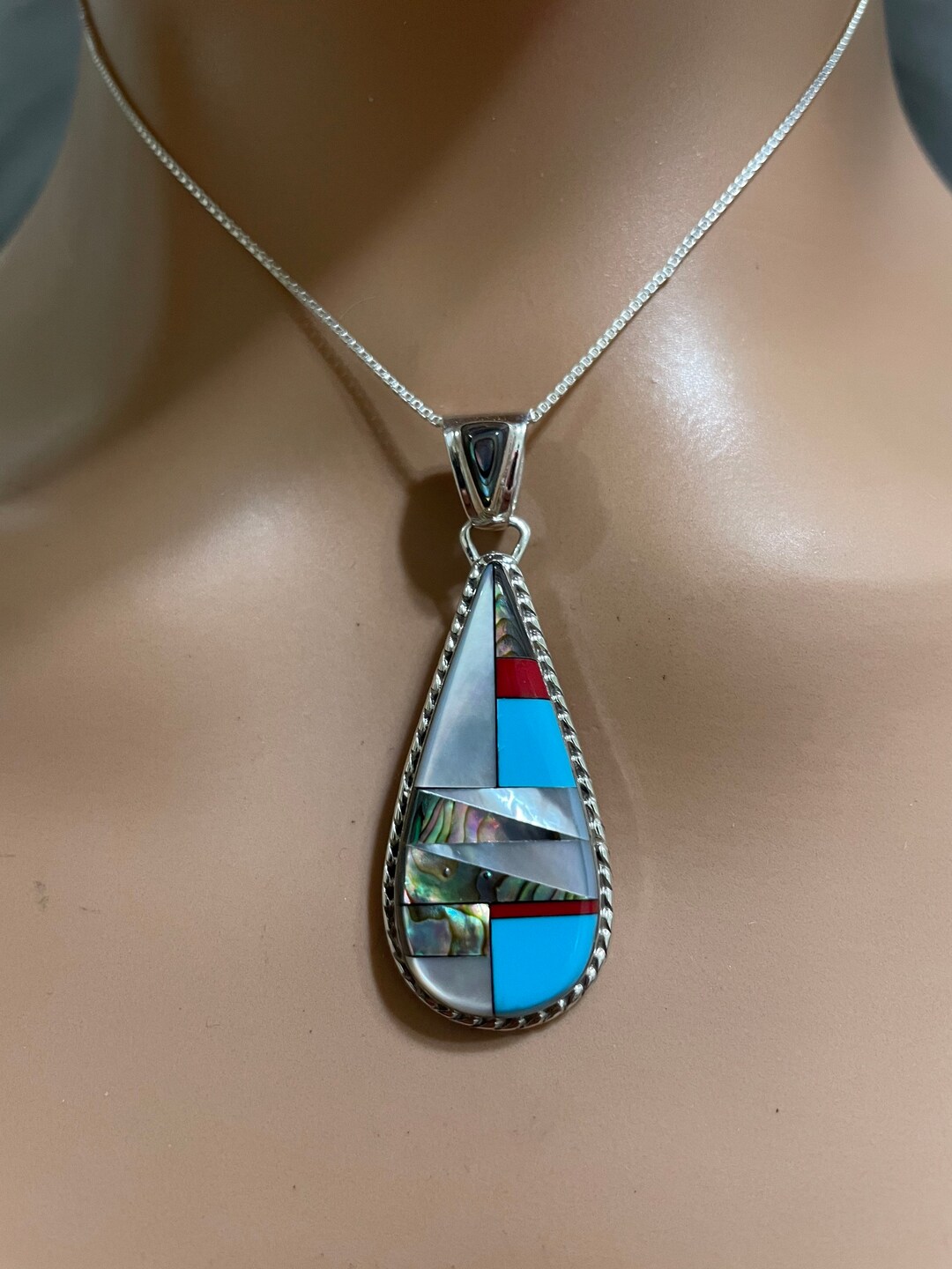 Teardrop Multi Color Pendant/ Sterling Silver Pendant/mosaic Pendant ...
