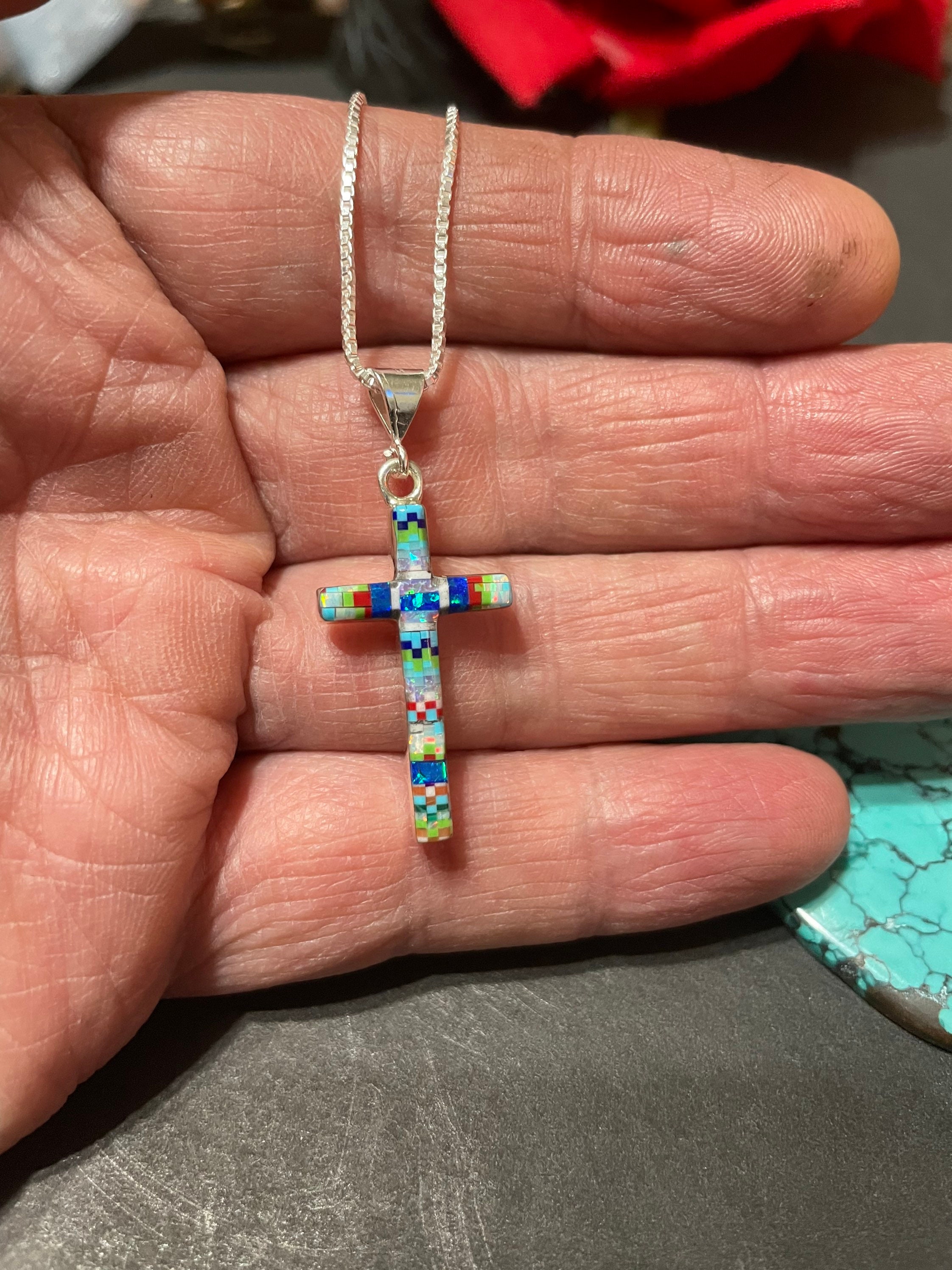 Little Inlay Cross Pendant /mosaic Cross/inlay Cross/dainty - Etsy