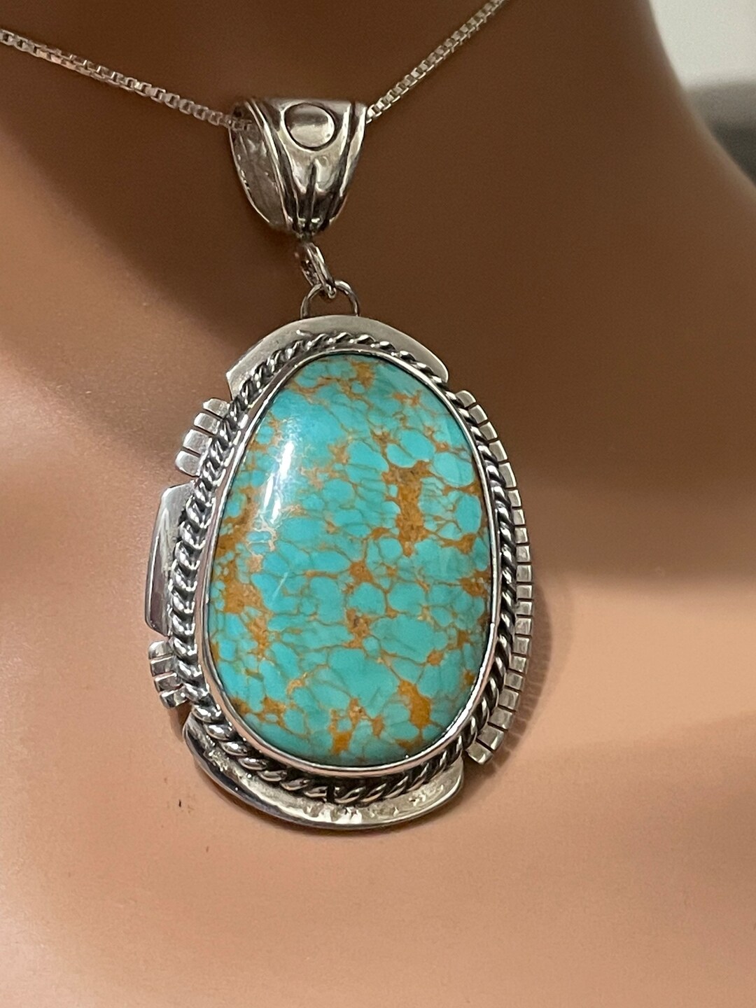 Gold Matrix Turquoise Pendant Necklace/green Turquoise /sterling Silver ...