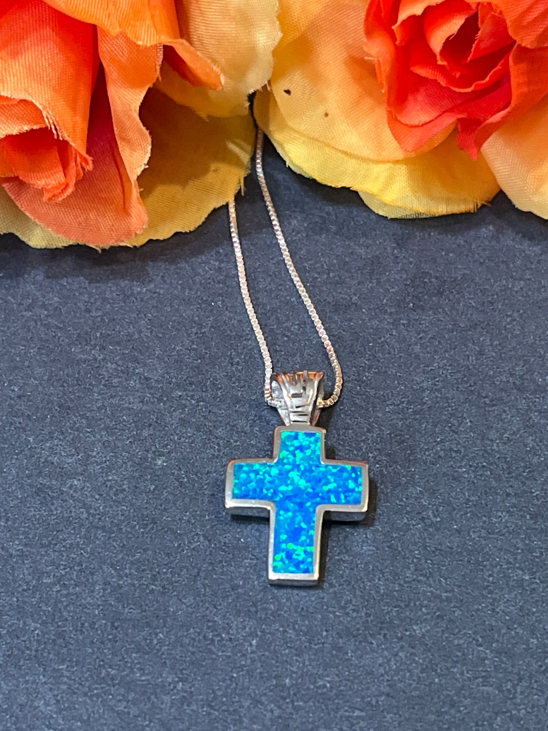 Blue Cross Opal Pendant /cross Necklace /sterling Silver Jewelry / Blue ...