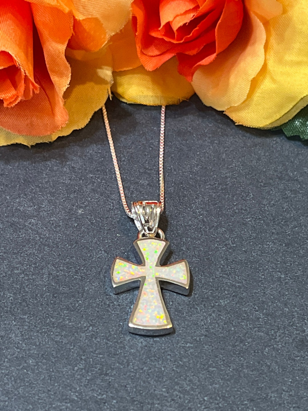 White Opal Cross Pendant / White Opal Necklace / Sterling Silver ...