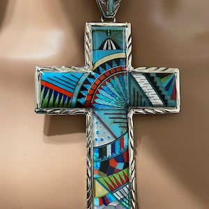 Large Inlay Cross/mosaic Silver Cross/opal Inlay Cross/big Silver Cross ...