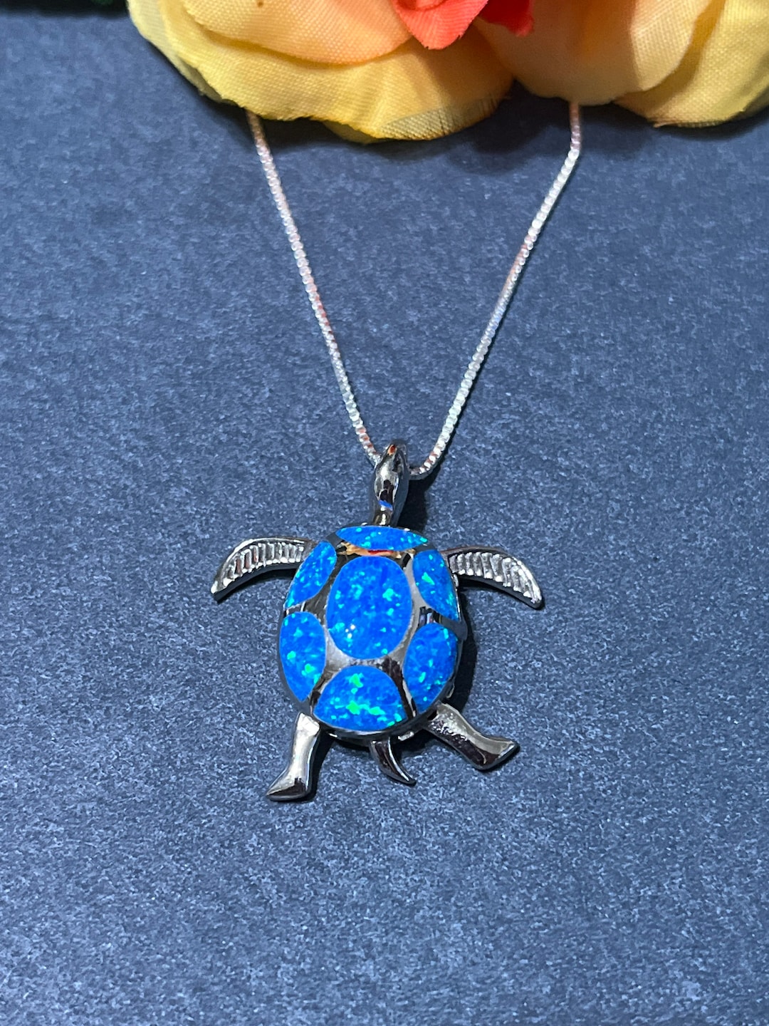 Sea Turtle Pendant/fire Opal Pendant/dark Blue Opal Sea Turtle/large ...