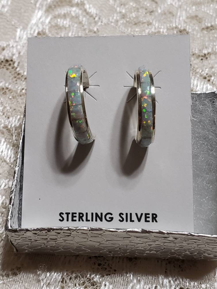 White Opal Hoop Earrings / Inlay Hoop Earrings / Fire Opal - Etsy