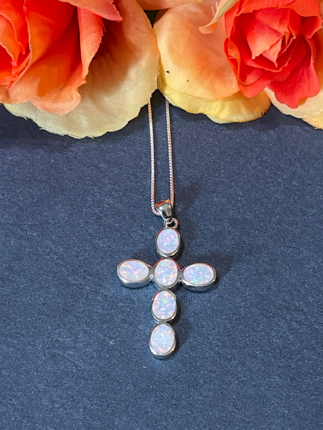 White Opal Cross Necklace/ White Opal Cross Pendant/ Sterling Silver ...
