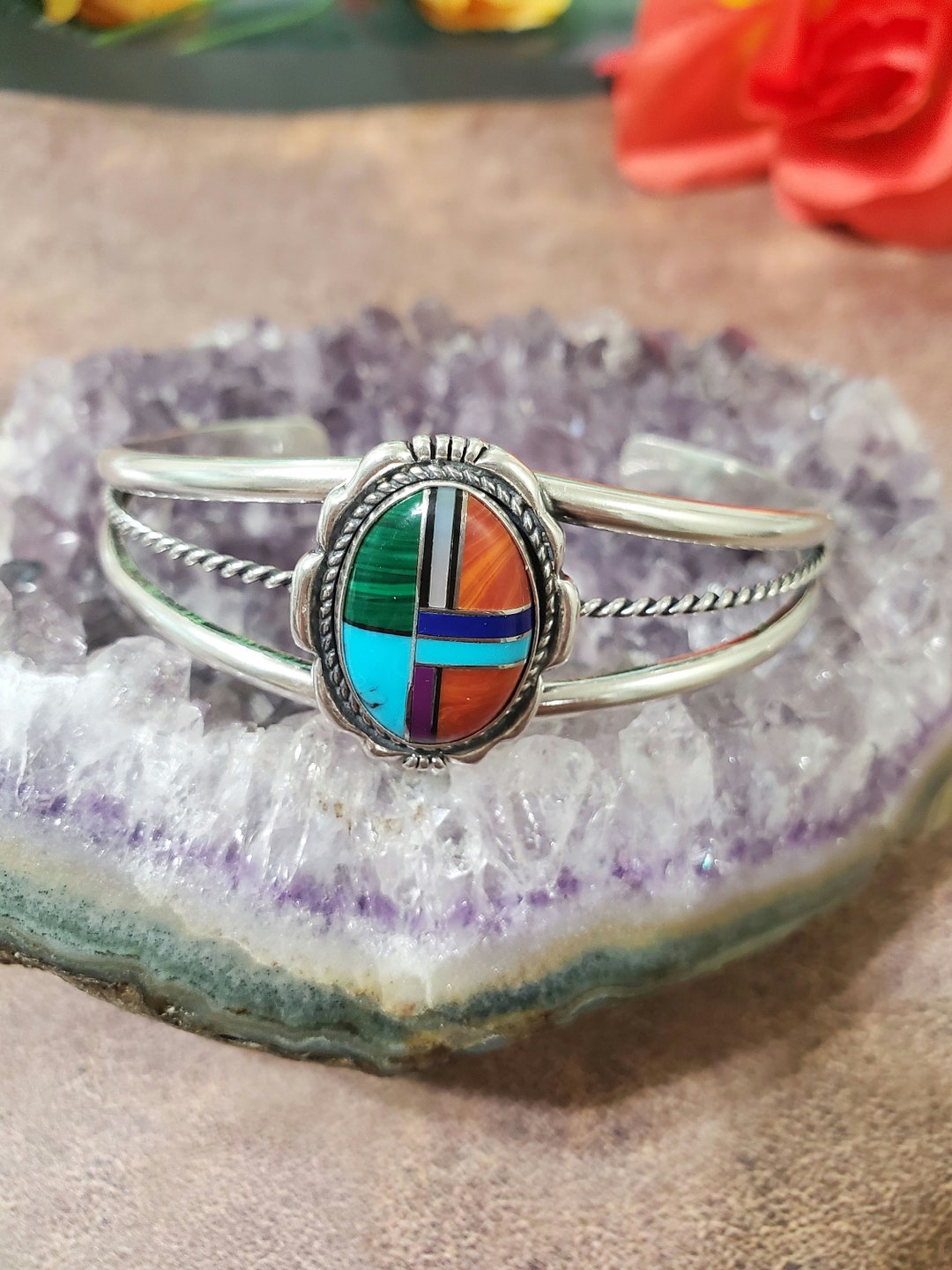 Multi Color Cuff/inlay Cuff/sterling Silver Cuff/mosaic Cuff/inlay ...