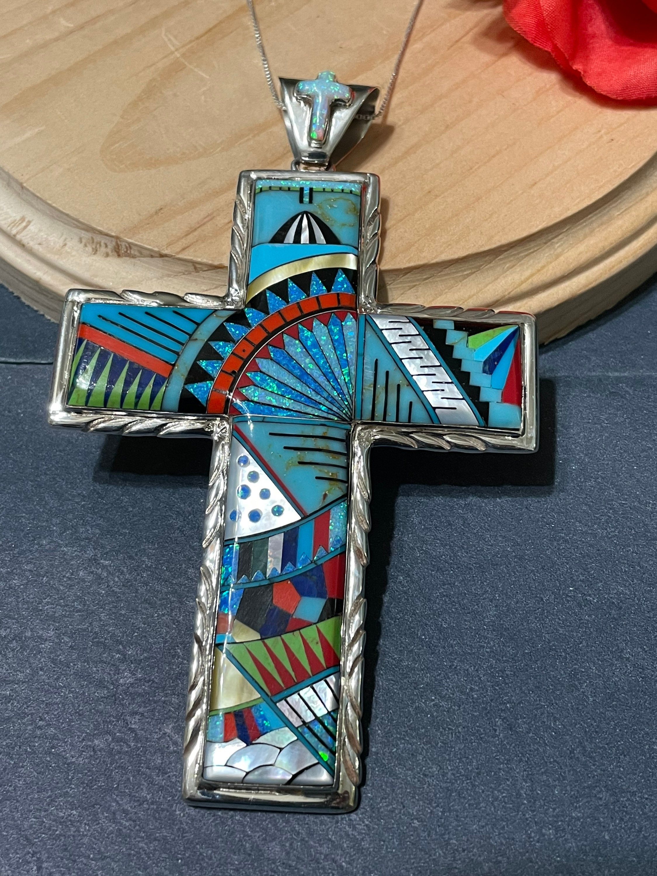Large Inlay Cross/mosaic Silver Cross/opal Inlay Cross/big Silver Cross ...