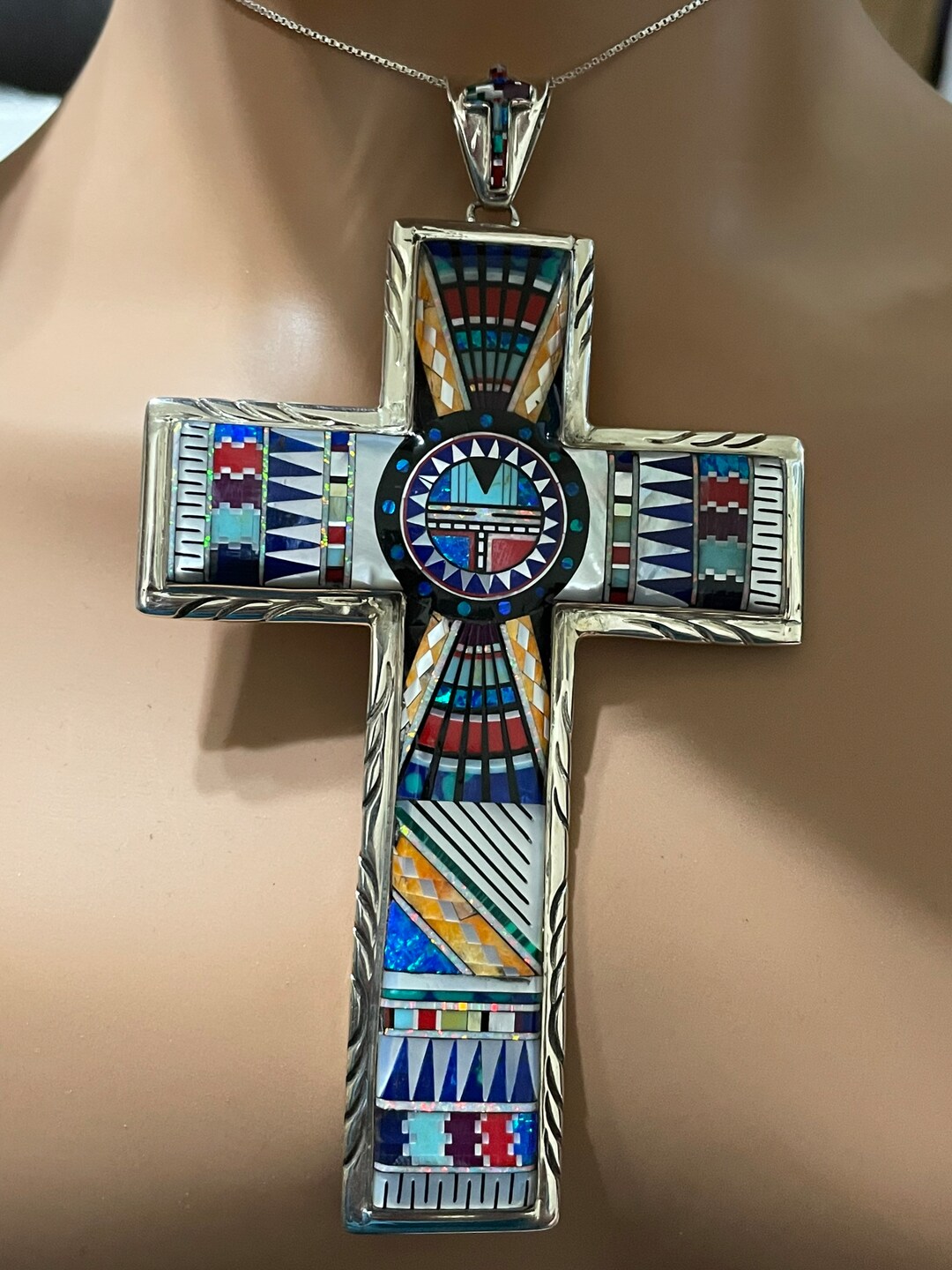 Large Inlay Cross/mosaic Silver Cross/opal Inlay Cross/big Silver Cross ...