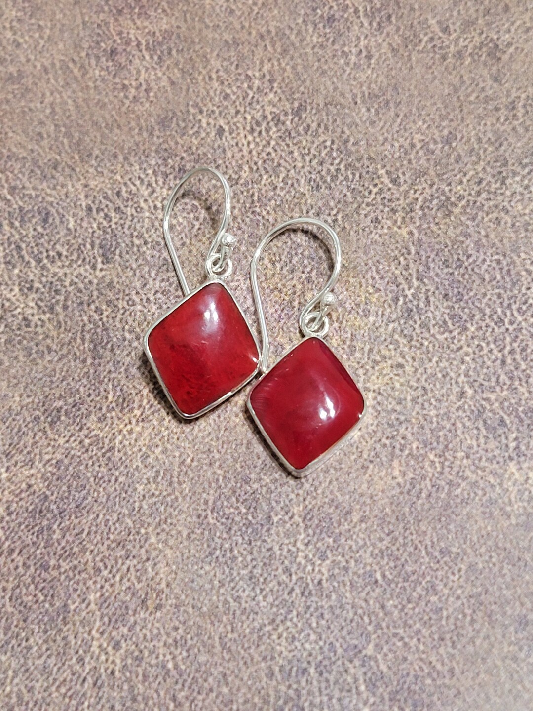 Red Coral Earrings / Diamond Shaped Earrings / Sterling Silver / Dangle ...