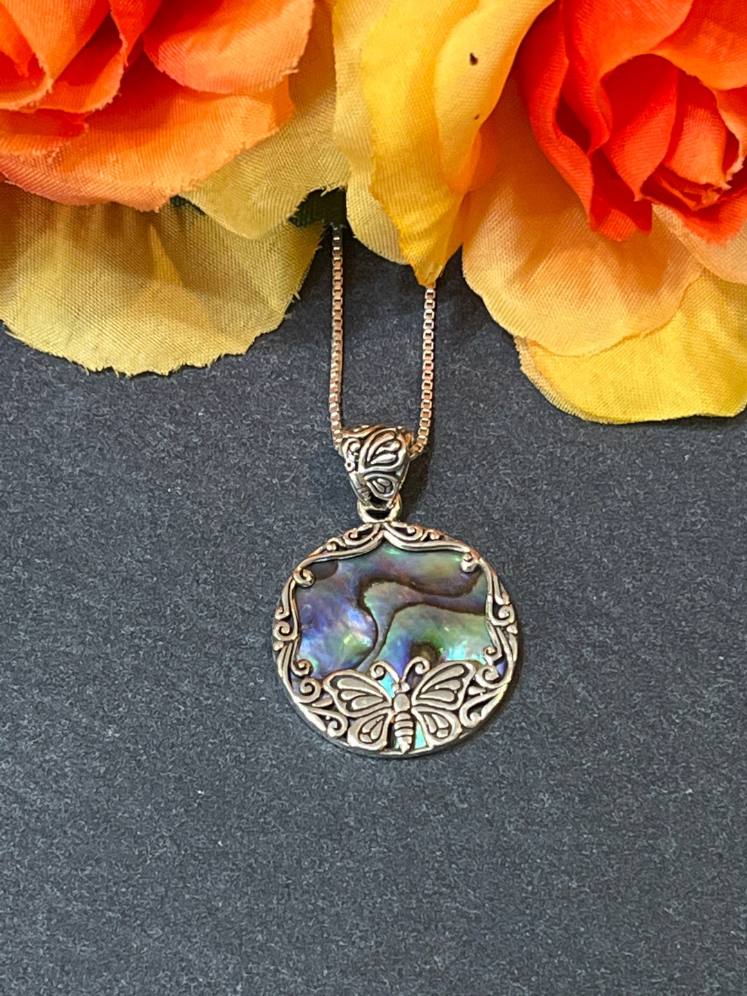 Decorative Butterfly Silver Abalone Shell Pendant Necklace / Sterling ...