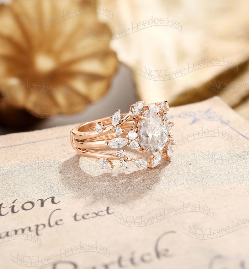 Cluster Moissanite Engagement Ring Set Pear Moissanite Ring - Etsy