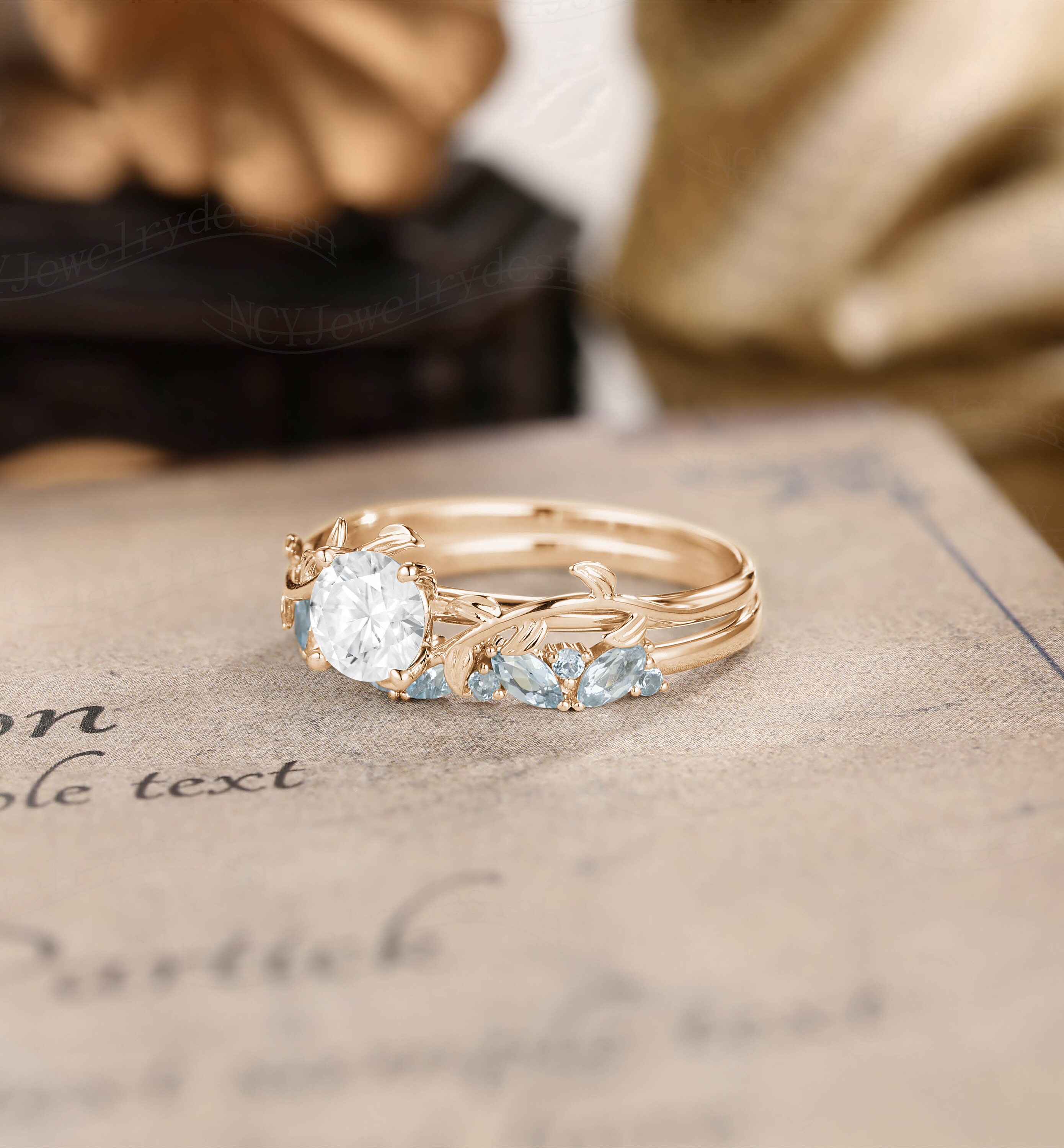 Unique Moissanite engagement Ring Set Vintage leaf moissanite | Etsy