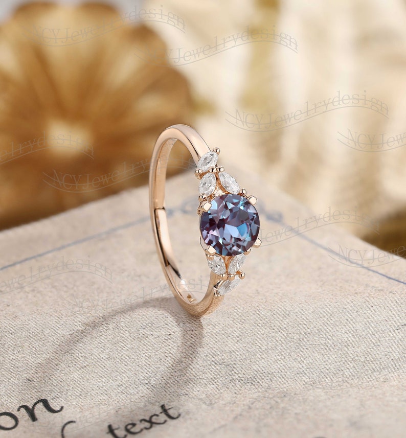 Round Alexandrite Engagement Ring, Lab Alexandrite Ring, Leaf ...