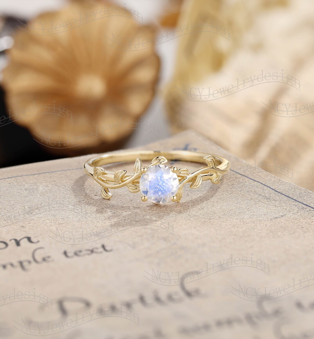 Round Moonstone Engagement Ring, Art Deco Moonstone Ring, Leaf Ring ...