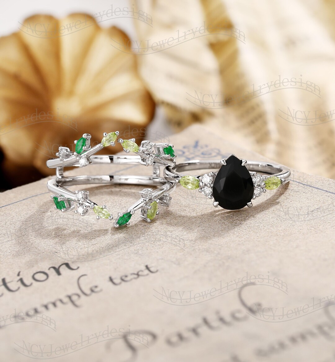 Pear Onyx Engagement Ring Set, Black Onyx Ring White Gold, Marquise ...