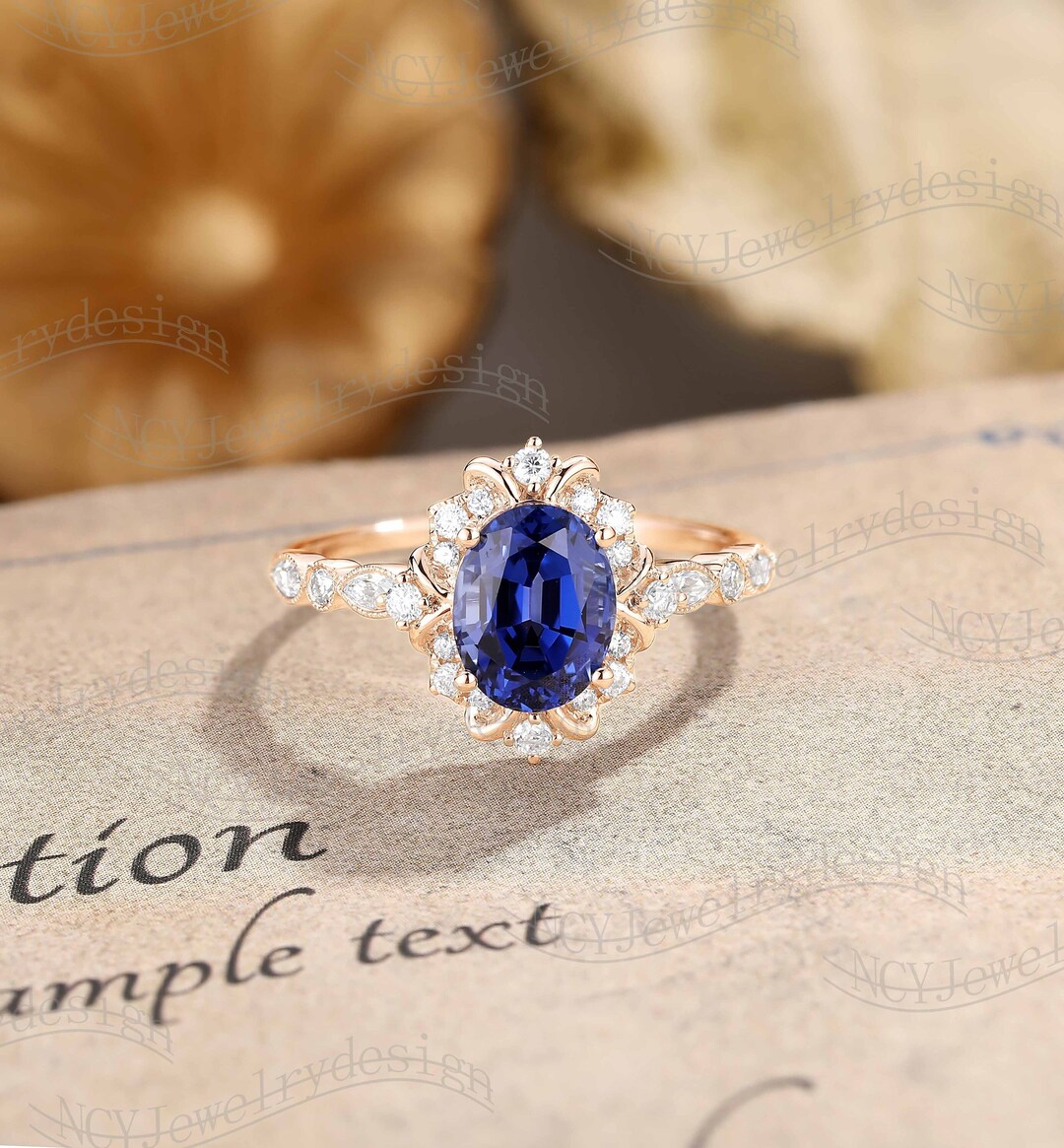 Oval Sapphire Engagement Ring, Flower Sapphire Ring Rose Gold, Vintage ...