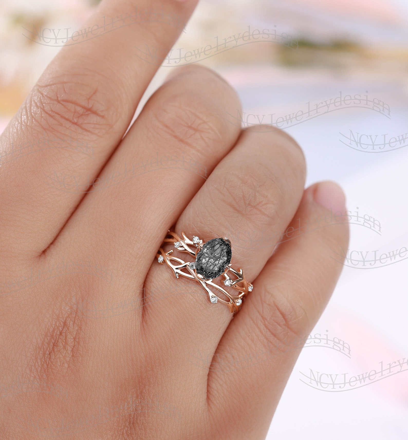 Black Rutilated Quartz Engagement Ring Set Vintage Oval Cut | Etsy