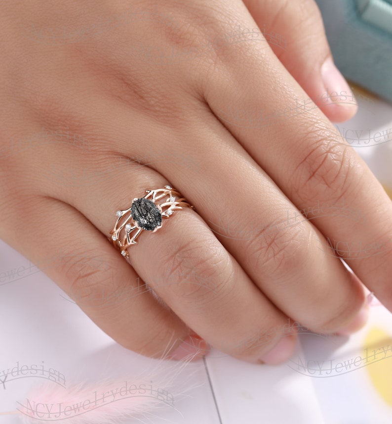 Black Rutilated Quartz Engagement Ring Set Vintage Oval Cut | Etsy