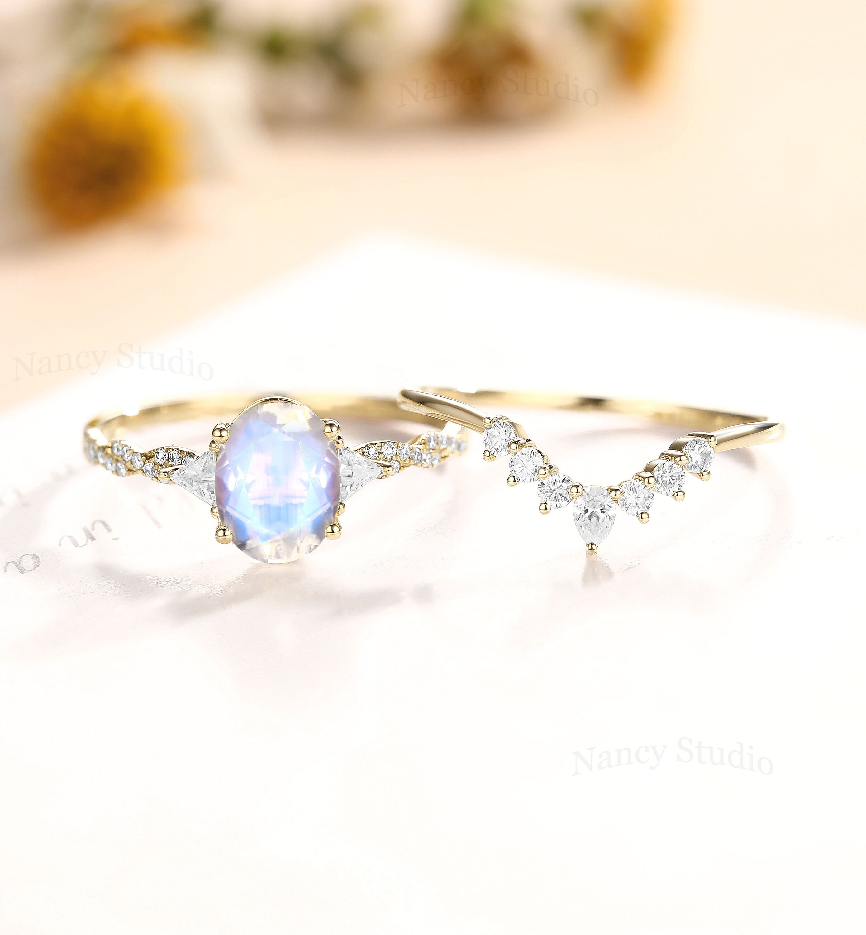 Vintage Oval Moonstone Engagement Ring Set Triangle Cut | Etsy