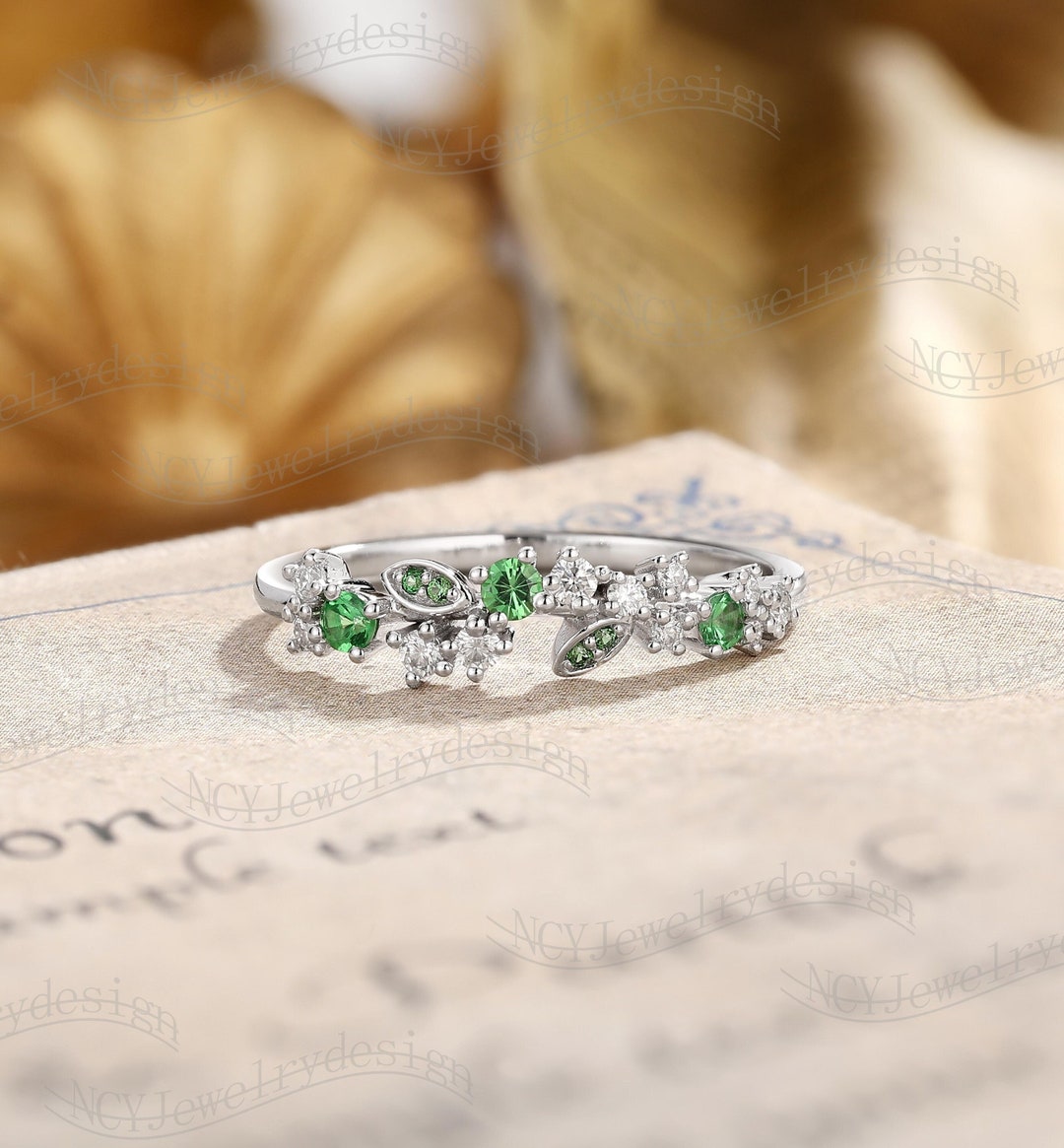 Dainty Tsavorite Wedding Band, Cluster Moissanite Ring, Tsavorite ...