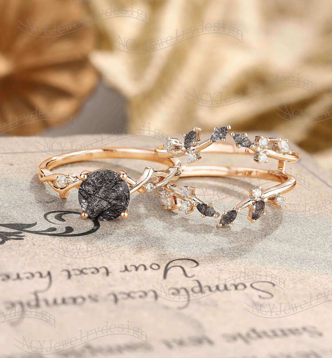 Black Rutilated Quartz Engagement Ring Set, Round Rutilated Quartz Ring ...