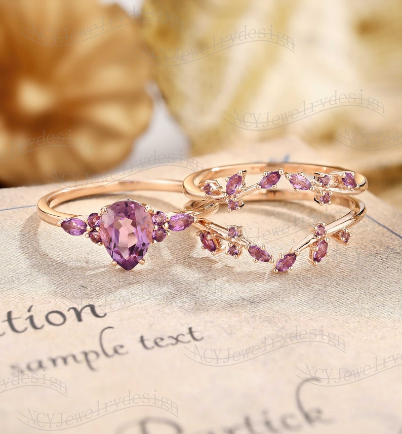 Vintage Amethyst Engagement Ring Set Pear Cut Amethyst Ring - Etsy