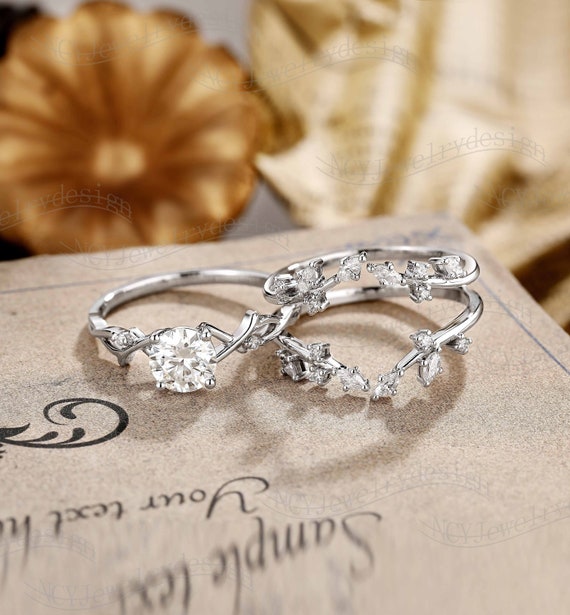 Vine Moissanite Engagement Ring Set Vintage Leaf Moissanite Ring Round Cut Moissanite Ring White Gold Branch Enhancer Ring Etsy