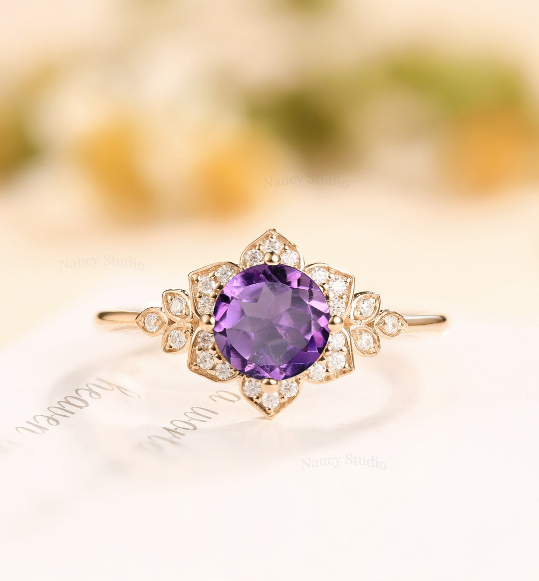 Purple Amethyst Engagement Ring, Round Amethyst Ring, Flower Moissanite ...