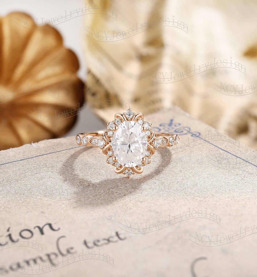 Unique Moissanite Engagement Ring, Oval Moissanite Ring Rose Gold ...