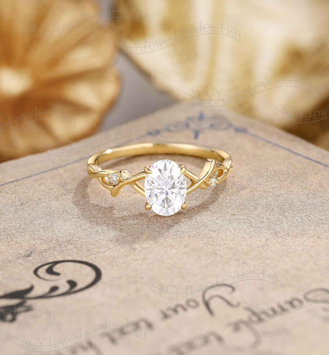 Ast Moissanite Verlobungsring, Seil Moissanite Ring, Oval Moissanite Ring, Zweig Ring Gelbgold ...