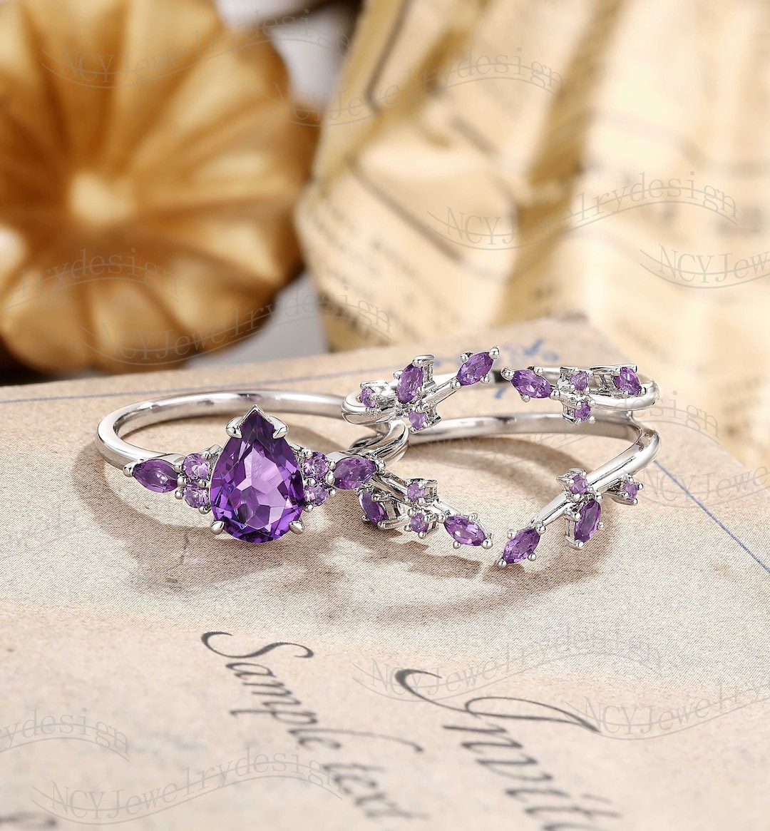 Vintage Amethyst Engagement Ring Set, Purple Amethyst Ring, Pear Ring ...