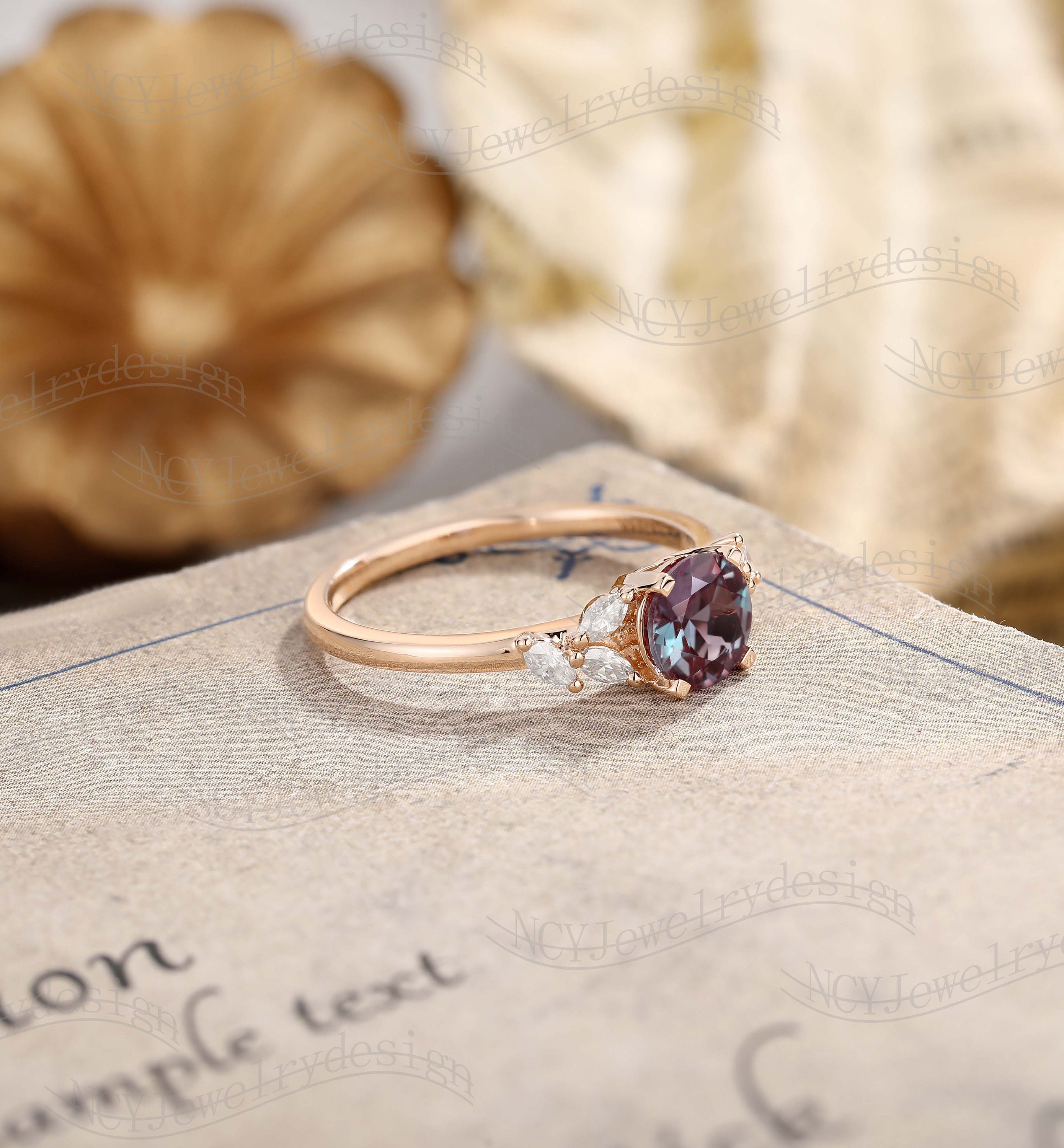 Round Alexandrite Engagement Ring, Lab Alexandrite Ring, Leaf ...