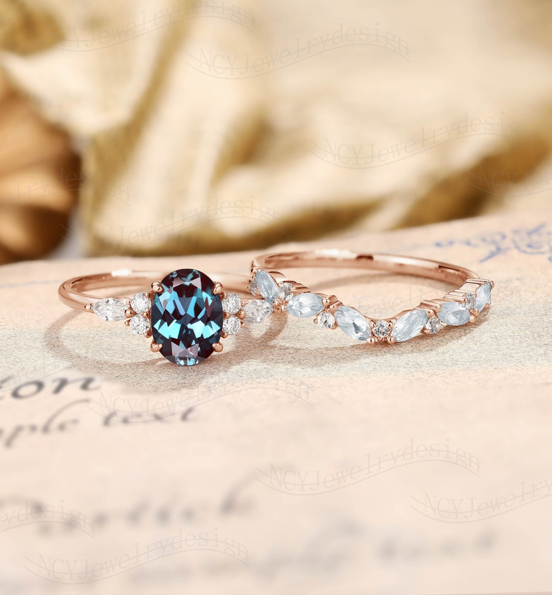 Vintage Alexandrite Engagement Ring Set Oval Alexandrite Ring - Etsy