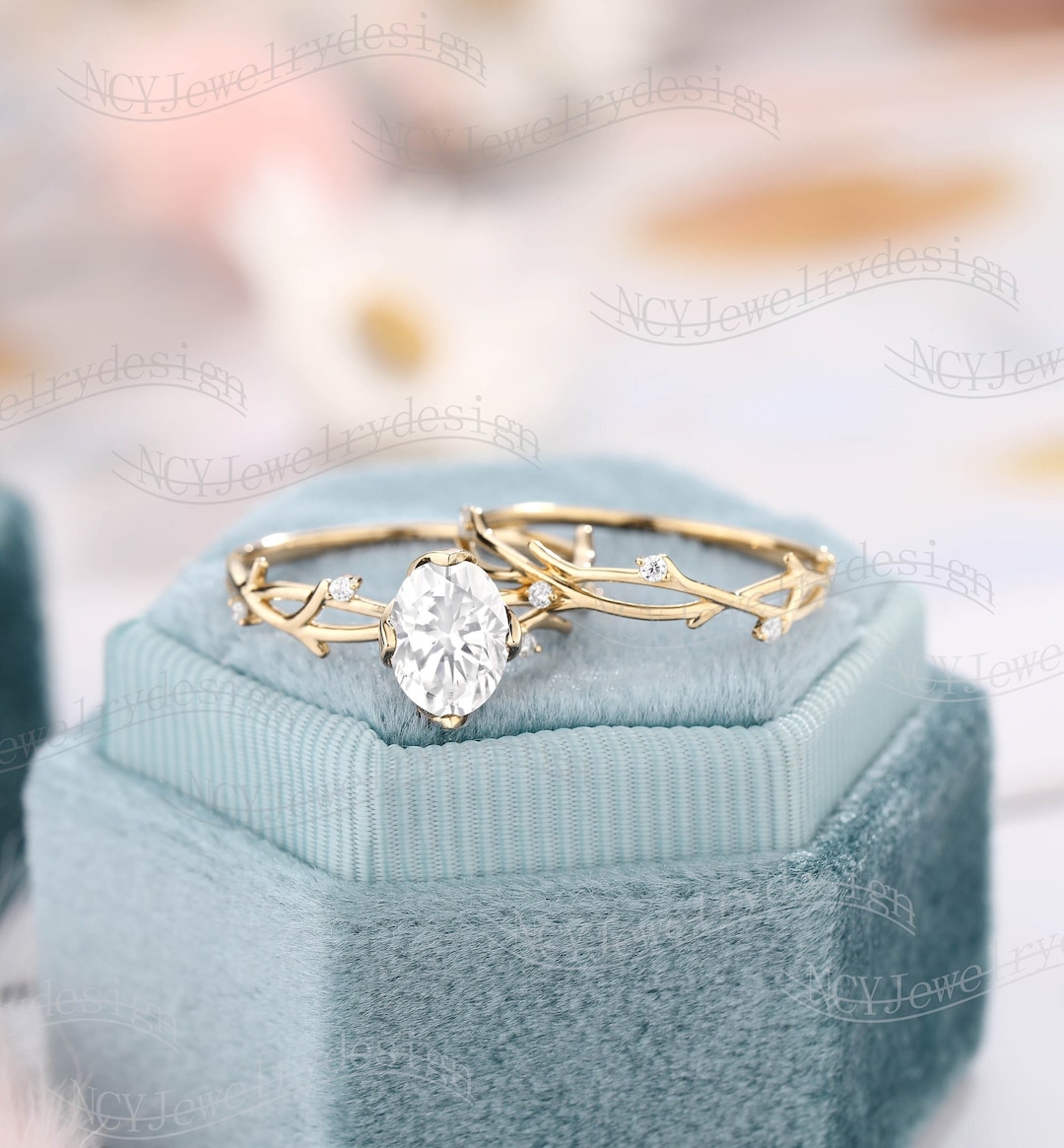 Oval Moissanite Engagement Ring Set, Leaf Diamond Ring, Branch Ring Yellow Gold, Vine Ring ...